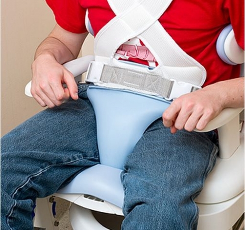 Deflector with splash guard for universal toileting seat system Rifton HTS